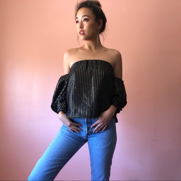 Zara | Tops | Zara Gold Metallic Stripe Off Shoulder Top | Poshmark